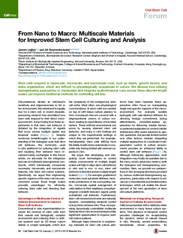 (PDF) From Nano to Macro: Multiscale Materials for Improved Stem Cell ...