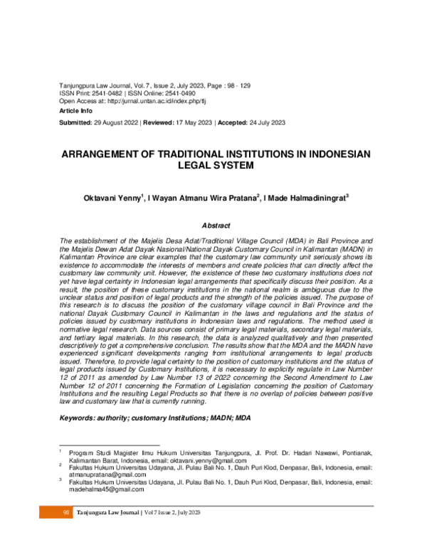 (PDF) ARRANGEMENT OF TRADITIONAL INSTITUTIONS IN INDONESIAN LEGAL SYSTEM