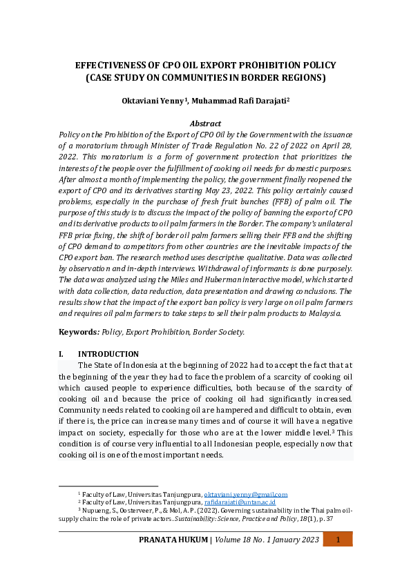 (PDF) EFFECTIVENESS OF CPO OIL EXPORT PROHIBITION POLICY (CASE STUDY ON ...