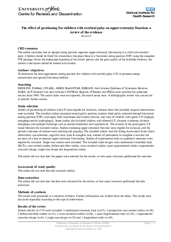 (PDF) The Effect of Positioning for Children with Cerebral Palsy on Upper-Extremity Function