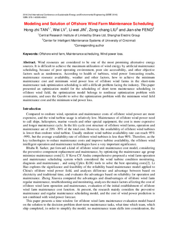 (PDF) Modeling and Solution of Offshore Wind Farm Maintenance Scheduling