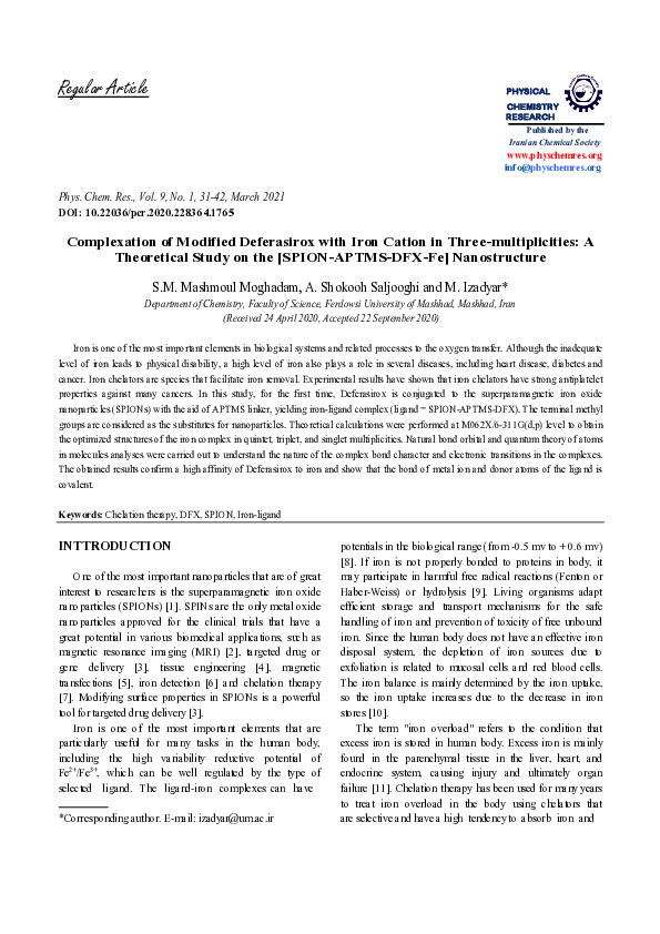 (PDF) Iron Complexation in SPION-APTMS-DFX System