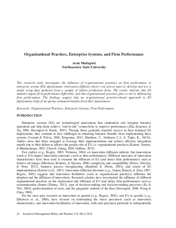 (PDF) Organizational Practices, Enterprise Systems, and Firm Performance