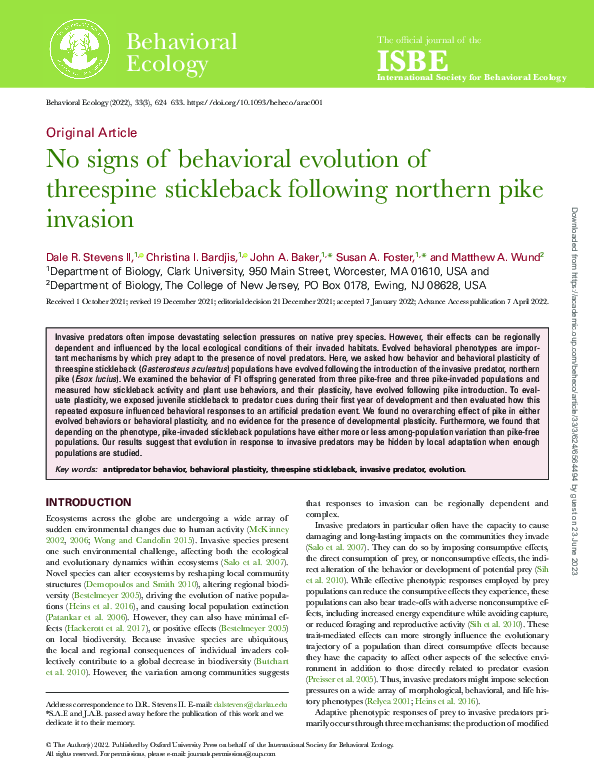 (PDF) No signs of behavioral evolution of threespine stickleback following northern pike invasion