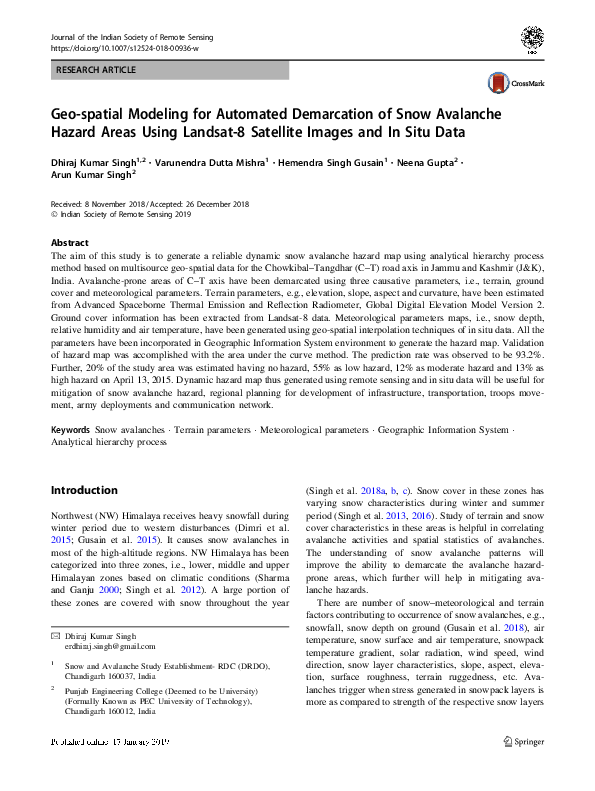 (PDF) Geo-spatial Modeling for Automated Demarcation of Snow Avalanche Hazard Areas Using ...