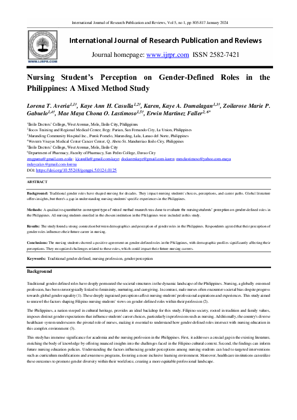 (PDF) Nursing Student’s Perception on Gender-Defined Roles in the ...