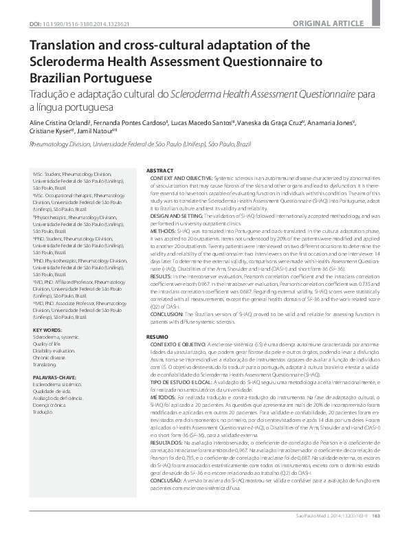(PDF) Translation and cross-cultural adaptation of the Scleroderma Health Assessment ...
