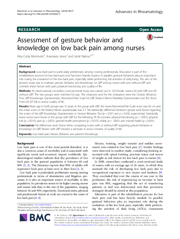 (PDF) Assessment of gesture behavior and knowledge on low back pain ...