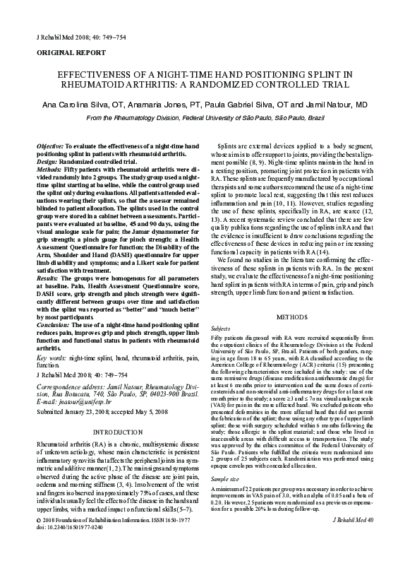 (PDF) Effectiveness of a night-time hand positioning splint in rheumatoid arthritis: a ...