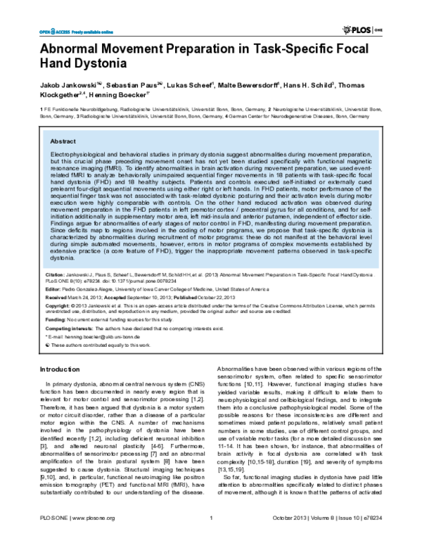 (PDF) Abnormal Movement Preparation in Task-Specific Focal Hand Dystonia