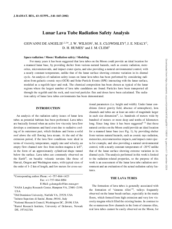 (PDF) Lunar Lava Tube Radiation Safety Analysis