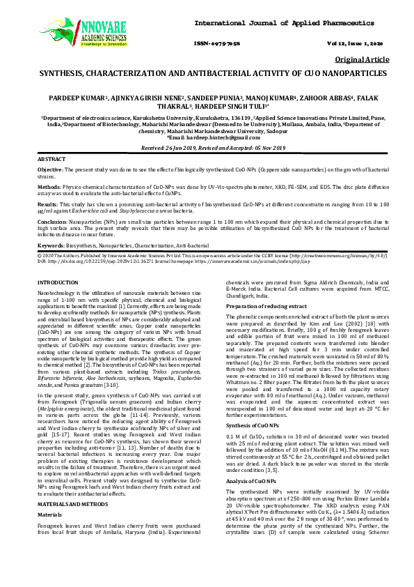 (PDF) Biosynthesis and Antibacterial Effects of CuO NPs