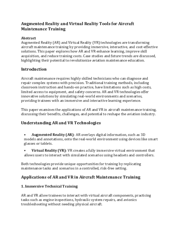 (PDF) Augmented Reality and Virtual Reality Tools for Aircraft ...