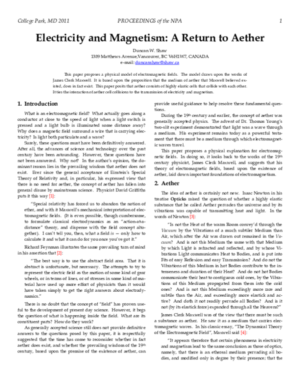 (PDF) Electricity and Magnetism: A Return to Aether