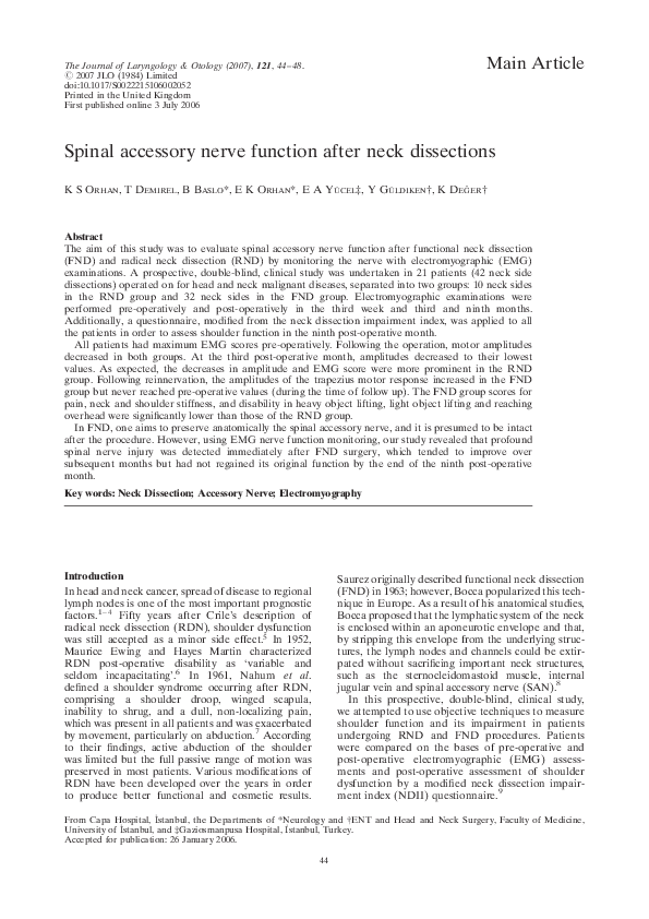 (PDF) Spinal accessory nerve function after neck dissections | Tayfun ...