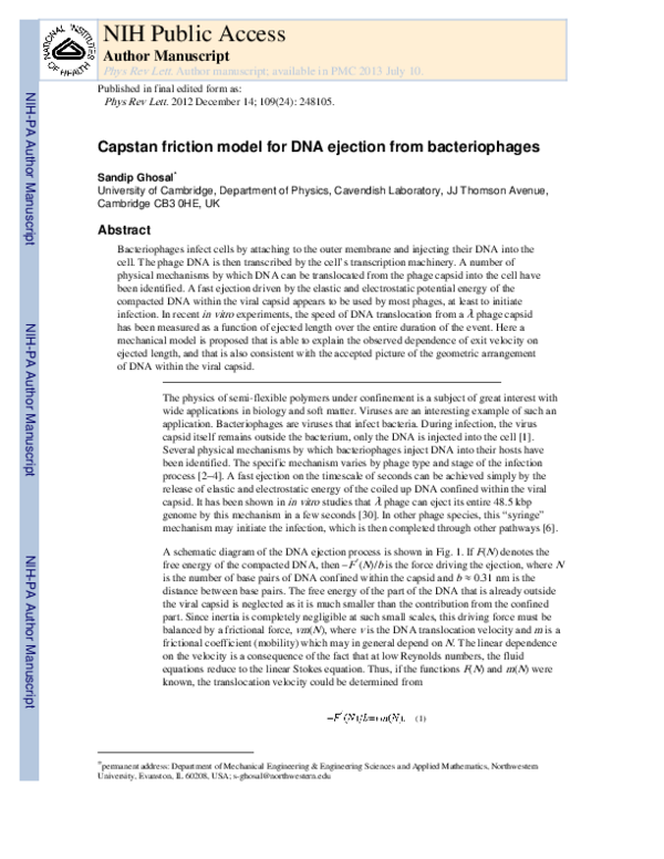 (PDF) Capstan Friction Model for DNA Ejection from Bacteriophages