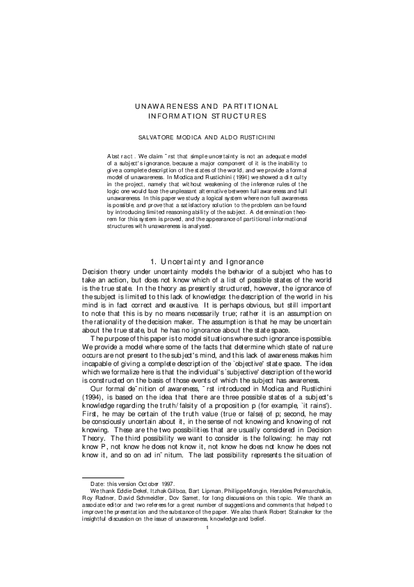 (PDF) Unawareness and Partitional Information Structures | Aldo ...