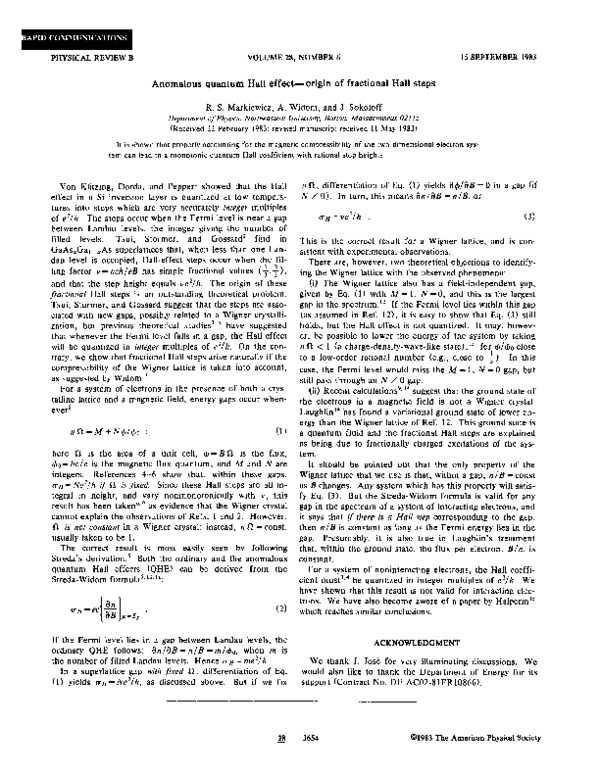 (PDF) Anomalous quantum Hall effect—origin of fractional Hall steps | R. Markiewicz - Academia.edu