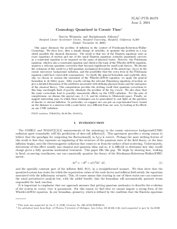 (PDF) Cosmology Quantized in Cosmic Time | Marvin Weinstein - Academia.edu