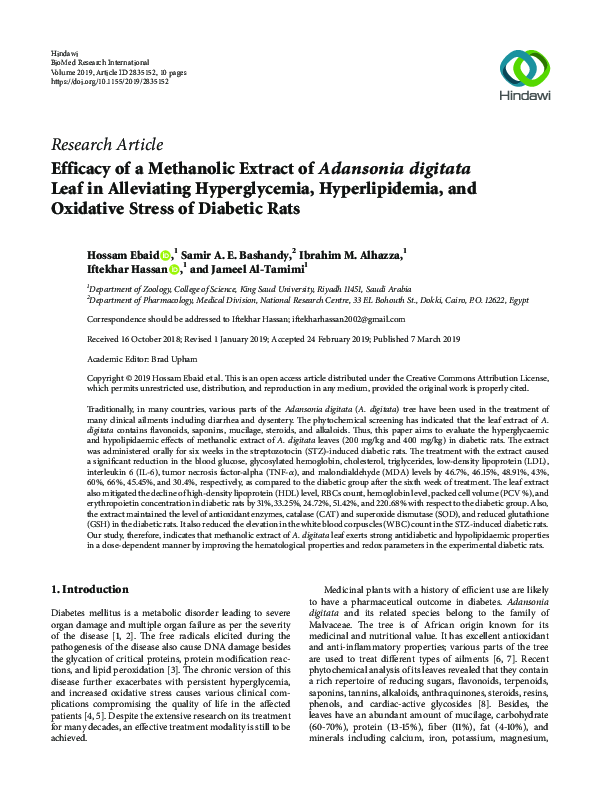 (PDF) Efficacy of a Methanolic Extract of Adansonia digitata Leaf in Alleviating Hyperglycemia ...