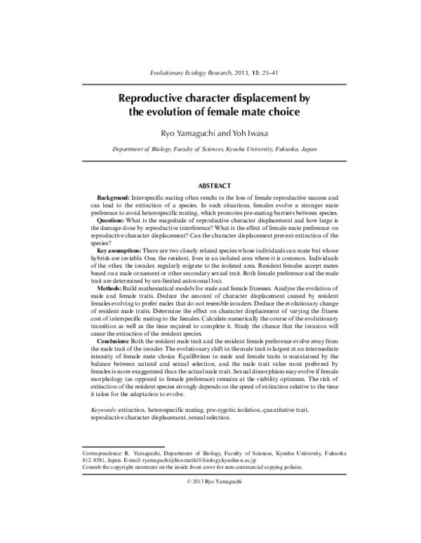 (PDF) Reproductive character displacement by the evolution of female ...