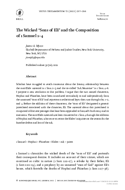 (PDF) "The Wicked ‘Sons of Eli’ and the Composition of 1 Samuel 1–4."