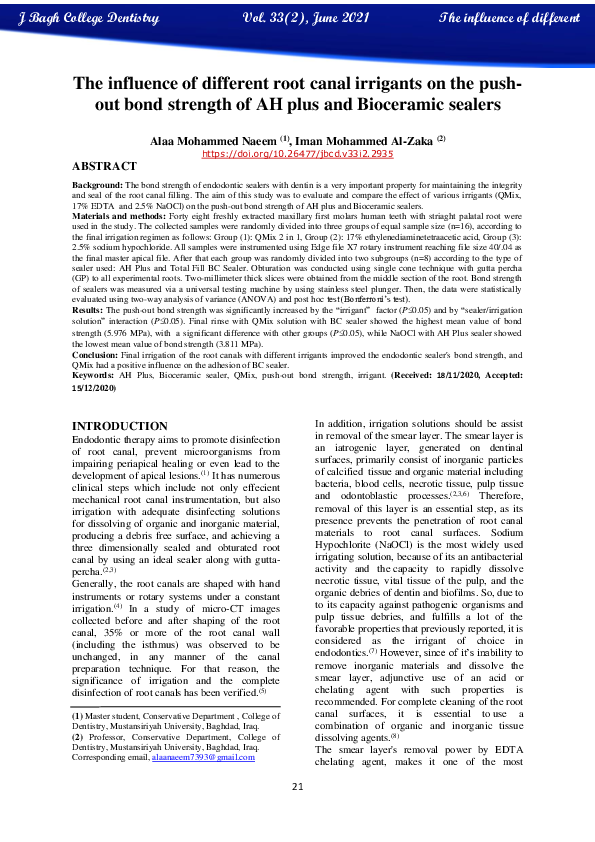 (PDF) The influence of different root canal irrigants on the push-out bond strength of AH plus ...