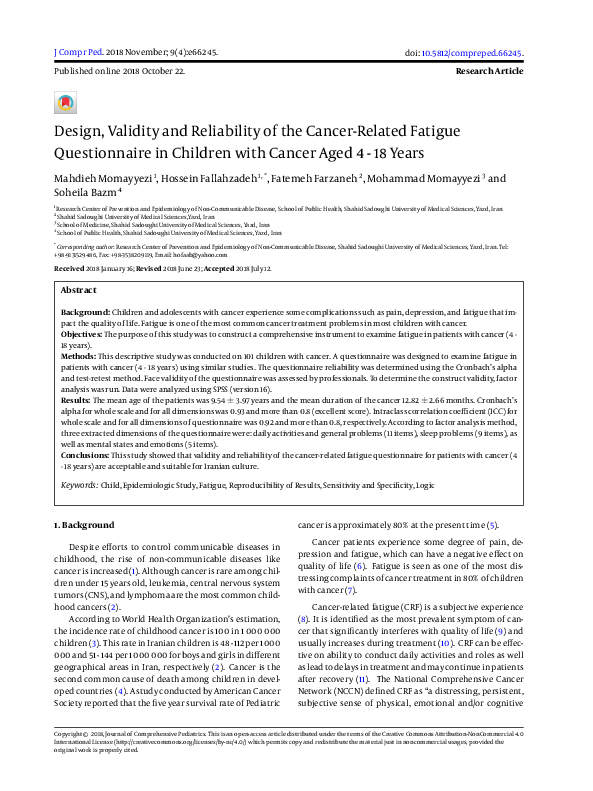 (PDF) Design, Validity and Reliability of the Cancer-Related Fatigue Questionnaire in Children ...
