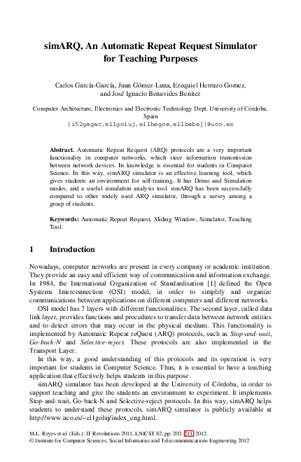 (PDF) simARQ, An Automatic Repeat Request Simulator for Teaching Purposes | Ezequiel Gómez ...