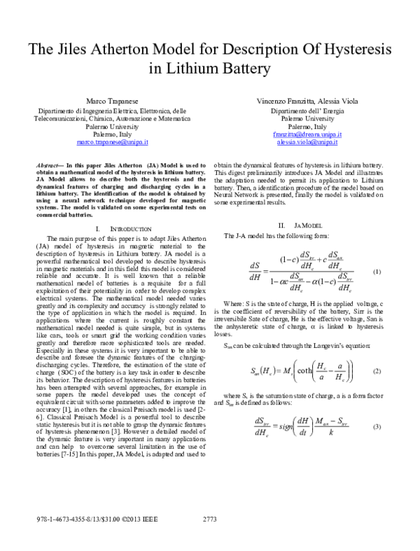 (PDF) The Jiles Atherton model for description of hysteresis in lithium battery | V. Franzitta ...