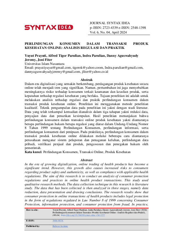 (PDF) Perlindungan Konsumen dalam Transaksi Produk Kesehatan Online: Analisis Regulasi dan Praktik