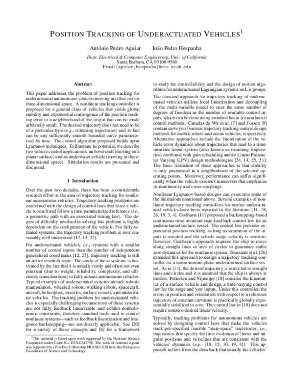 (PDF) Position tracking of underactuated vehicles