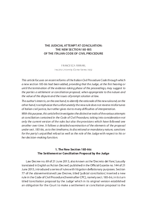 (PDF) THE JUDICIAL ATTEMPT AT CONCILIATION: THE NEW SECTION 185-bis OF ...