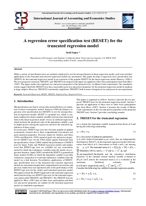 Pdf A Regression Error Specification Test Reset For The Truncated Regression Model