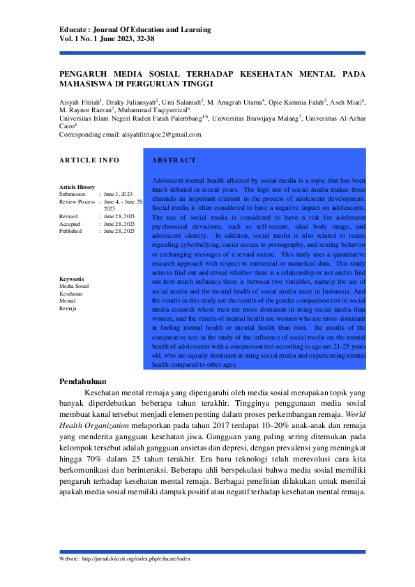 (PDF) Pengaruh Media Sosial Terhadap Kesehatan Mental Pada Remaja
