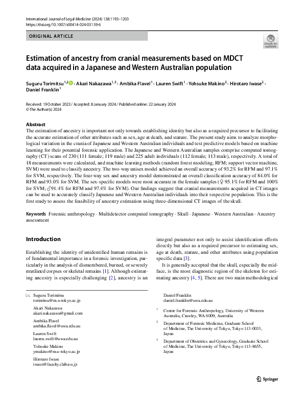 Pdf Estimation Of Ancestry From Cranial Measurements Based On Mdct Data Acquired In A Japanese