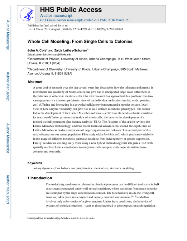 (PDF) Whole Cell Modeling: From Single Cells to Colonies