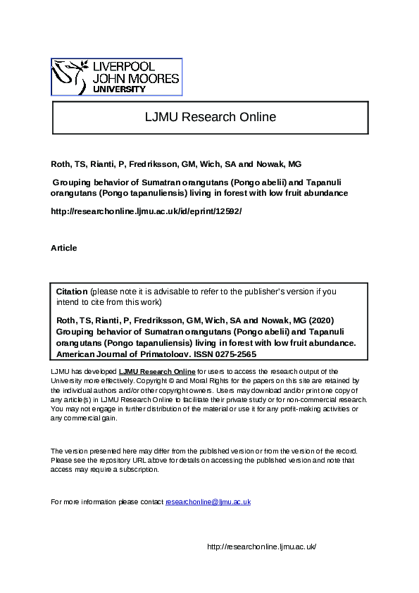 (PDF) Grouping behavior of Sumatran orangutans (Pongo abelii) and ...