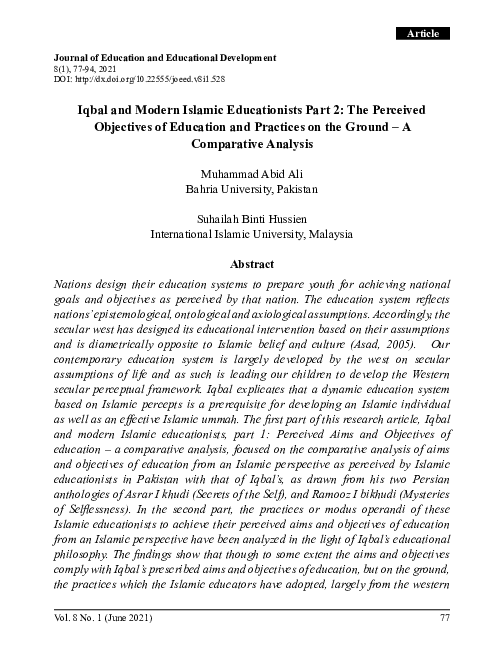 (PDF) Iqbal and Modern Islamic Educationists Part 2: The Perceived Objectives of Education and ...