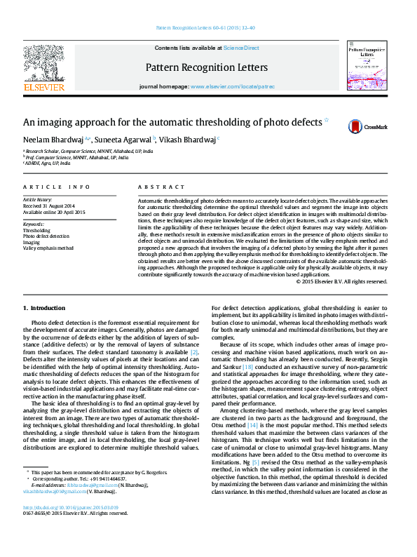 (PDF) An imaging approach for the automatic thresholding of photo defects
