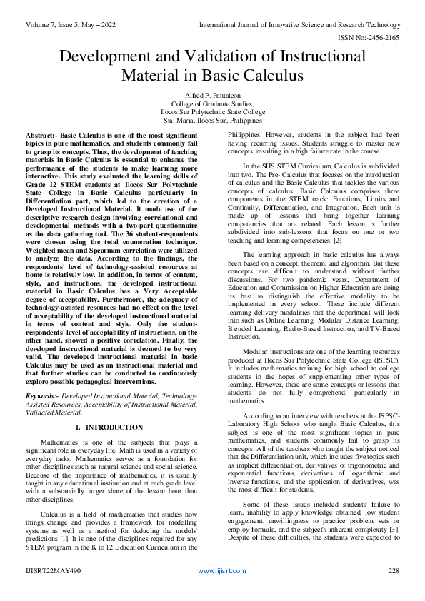 (PDF) Development and Validation of Instructional Material in Basic Calculus