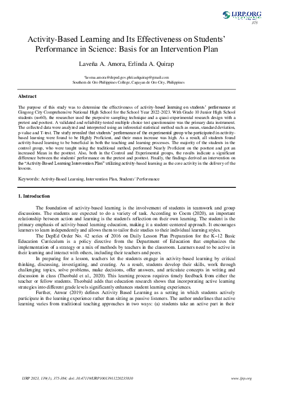 (PDF) Activity-Based Learning and Its Effectiveness on Students ...