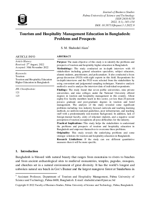 (PDF) Tourism and Hospitality Management Education in Bangladesh: Problems and Prospects
