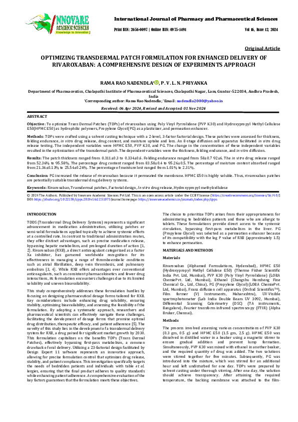 (PDF) OPTIMIZING TRANSDERMAL PATCH FORMULATION FOR ENHANCED DELIVERY OF RIVAROXABAN: A ...
