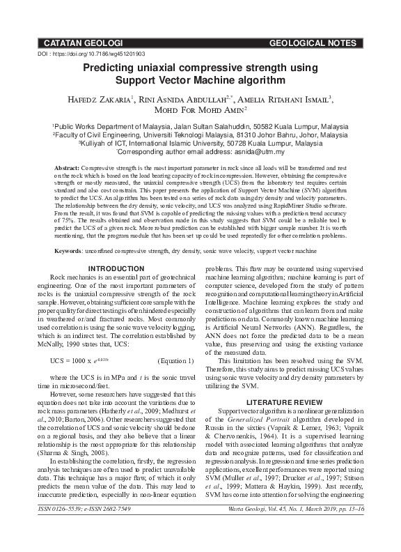 (PDF) Predicting uniaxial compressive strength using Support Vector Machine algorithm