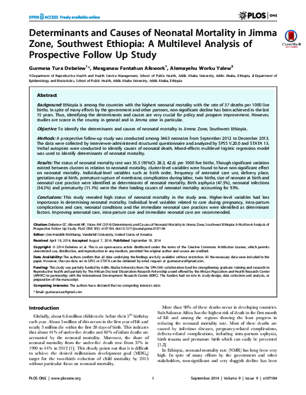 (PDF) Determinants and Causes of Neonatal Mortality in Jimma Zone ...