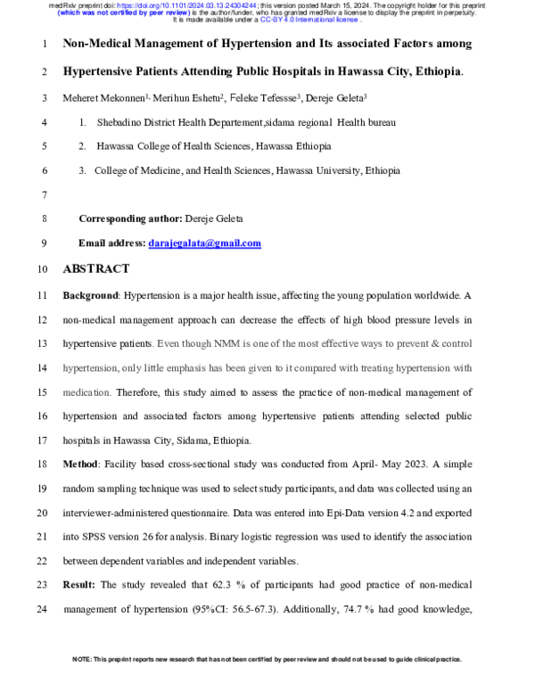 (PDF) Non-Medical Management of Hypertension and Its associated Factors ...