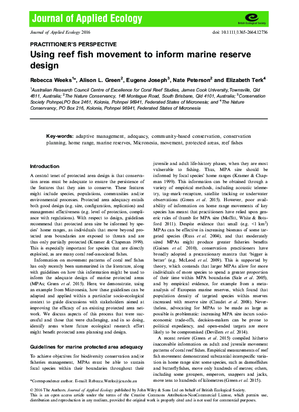 (PDF) Using reef fish movement to inform marine reserve design