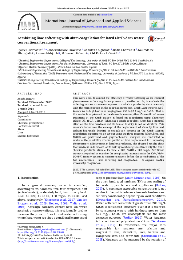 (PDF) Combining lime softening with alum coagulation for hard Ghrib dam water conventional treatment