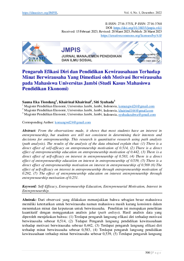 (PDF) Pengaruh Efikasi Diri dan Pendidikan Kewirausahaan Terhadap Minat Berwirausaha Yang ...